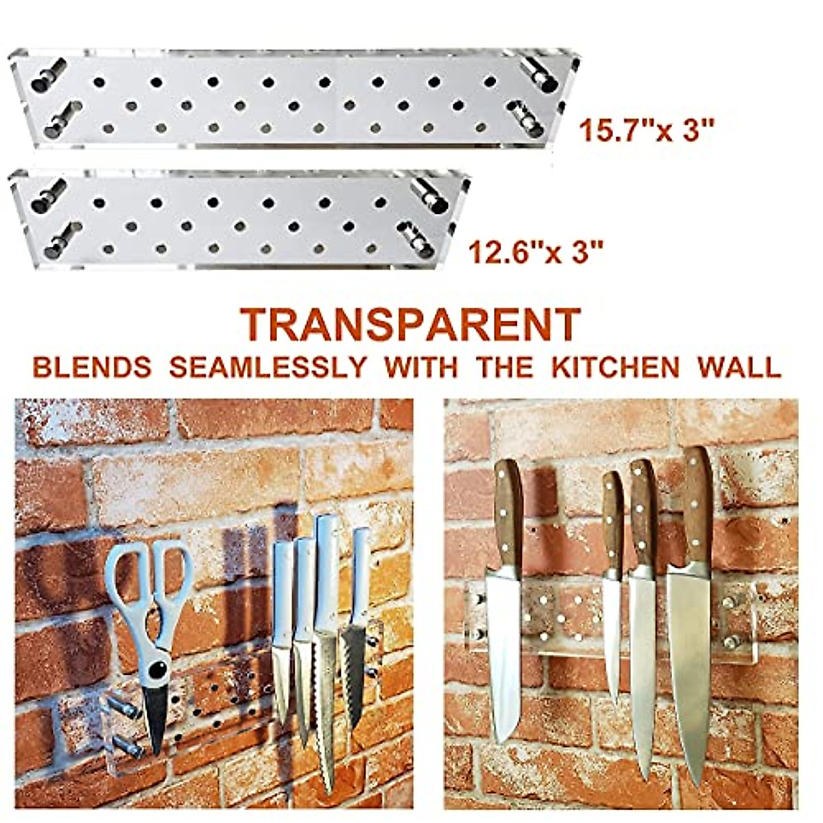 Rocky Barn Magnetic Knife Holder for Wall, Modern Transparent Magnetic Knife Strip Bar Rack, Magnet Knife Hanger, Kitchen Knife Utensil and Tool Storage, Magnetic Kitchen Wall Organizer, 12,6x3 inch