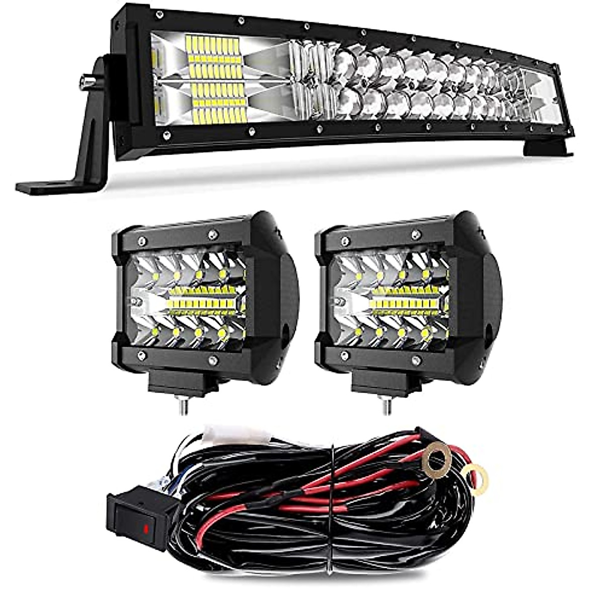 TERRAIN VISION LED Light Bar 22 Inch Curved Led Bar Off Road Light W/ 2pcs 4in 60W LED Pods Fog Lights with Wiring Harness Kit for Jeep Trucks Polaris ATV UTV Boat Light Bars