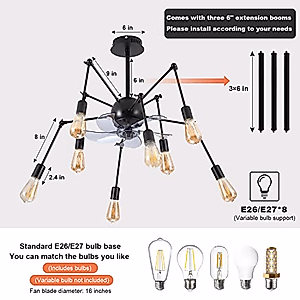 Aukali Ceiling Fans with Lights, Low Profile Ceiling Fan with Lights Remote Control, 45" Flush Mount Ceiling Light, Timer, 6 Speeds, Vintage Chandeliers for Dining Room, Bedroom (8 Lights)
