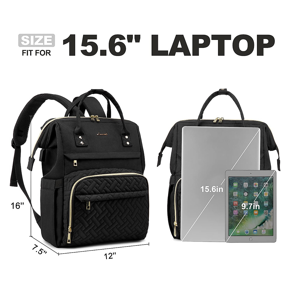 LOVEVOOK Laptop Backpack for Women, Quilted Fashion Business Computer Backpacks Travel Bags Purse Doctor Nurse Work Backpack with USB Port Fits 15.6-Inch Laptop, Black