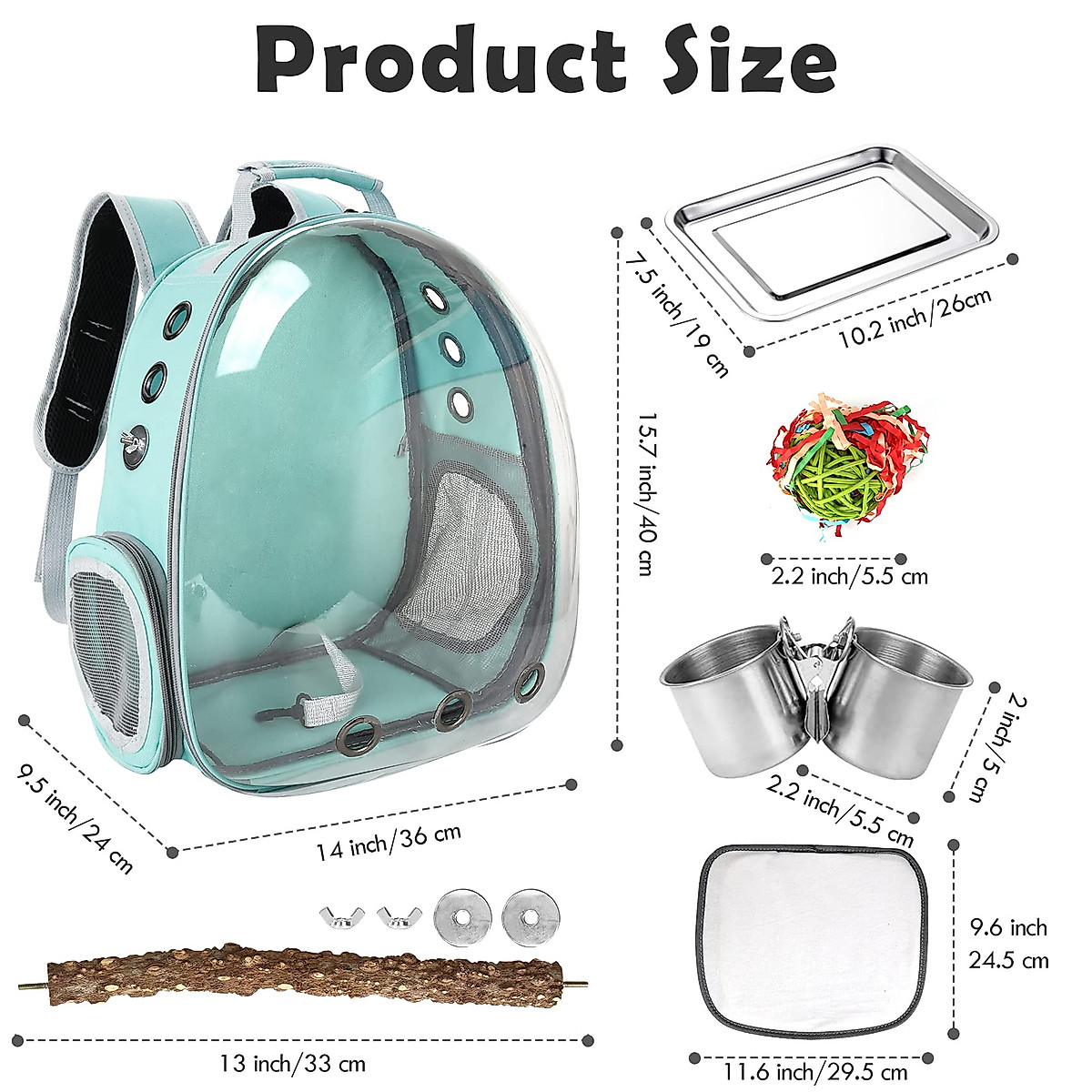 Bird Carrier Backpack Travel Cage with Perch, Breathable Clear Parrot Cockatiel Cage with Toy Stainless Steel Food Bowl Tray for Conures Parakeet Budgie Canary Lovebirds, Small Animal Pet Carrier Bag