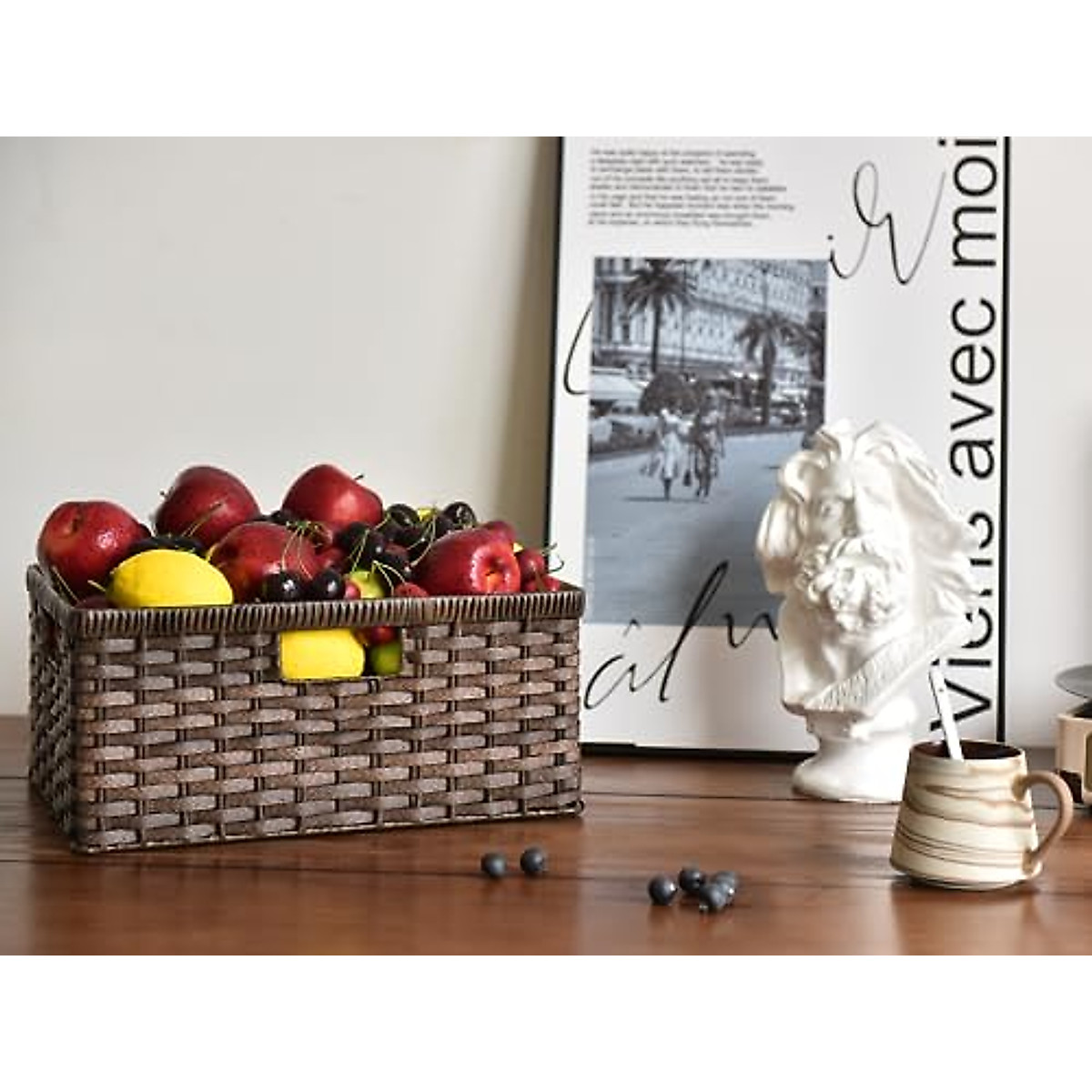 Labcosi Large Wicker Basket, Plastic Wicker Storage Basket, Wicker Storage Basket for Bathroom, Plastic Storage Bin with Built-in Handles, Brown, 15 "L x 11 "W x 6.75 "H, 1 Pack