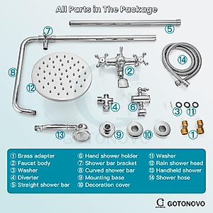 gotonovo Exposed Shower Faucet Set 8 Inch Rainfall Showerhead 3-Function Shower Fixture with Tub Spout 2 Corss Handles Shower System Polish Chrome