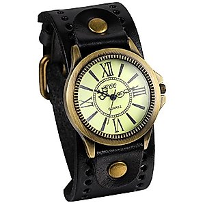 Avaner Unisex Punk Retro Bronze Round Dial Black Wide Leather Belt Strap Cuff Bracelet Roman Numerals Analog Quartz Wrist Watches
