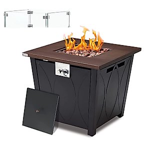 Ulsum Outdoor 28 Inch Gas Fire Table, 50,00 BTU Square Metal GasOutdoor Fire Pit Table with Lid, Glass Wind Guard, Waterproof Cover and Lava Rocks, Propane Fire Pit Table Small Fire Pit for Outside