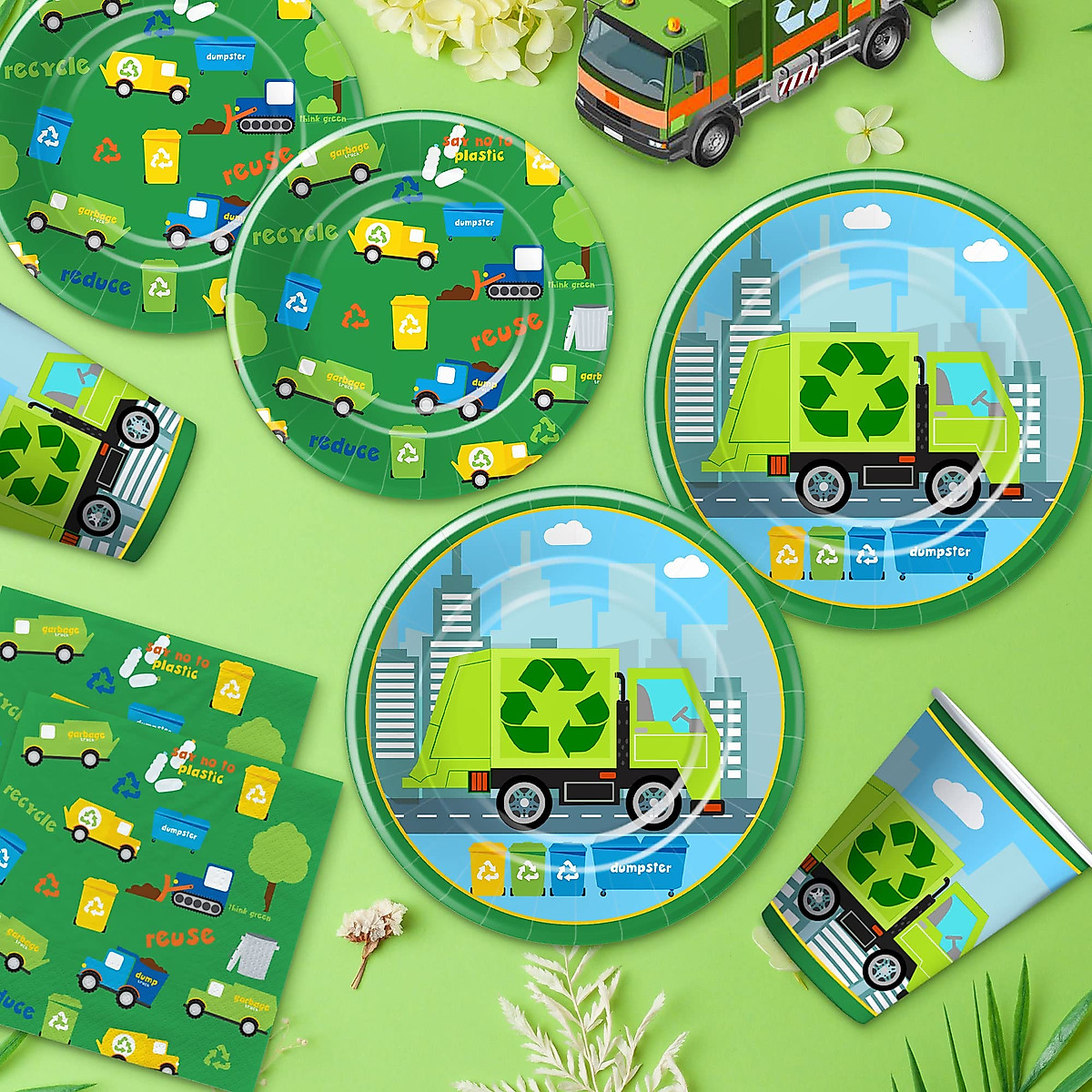 Xigejob Garbage Theme Trash Truck Birthday Party Supplies, Garbage Truck Party Decorations Dinnerware, Plate, Cup, Napkin, Waste Recycling Trash Truck Party Supplies For Birthday Baby Shower, Serve 24