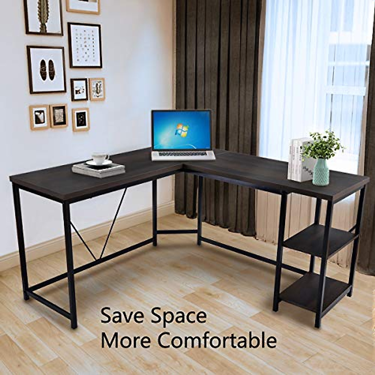 Basic Houseware 59" L Shaped Gaming Desks L-Shaped Computer Desk with Shelves Industrial Corner Desk Gaming Table Workstation for Home Office