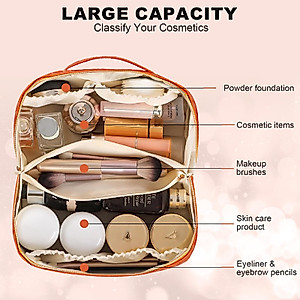 AURUZA Travel Cosmetic Bag,Large Capacity Makeup Bag With Handle and Divider Flat Lay Makeup Organizer Bag, Portable Toiletry Bag,Makeup Storage Bag,Makeup Brush Bag for Women (Orange)