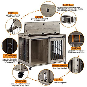 Rophefx Dog Crate Furniture with Sliding Door, Dog Kennel Indoor with Partition for Two Puppies, Dog Cage with Flip-up Top and Wheels, Chew-Resistant Wooden Dog House, Grey