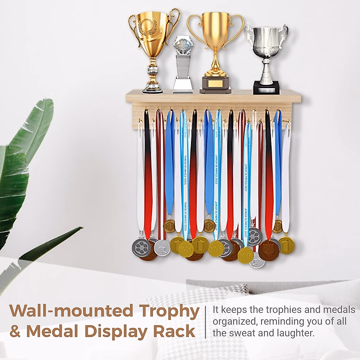 Medal Wall Hanger, Wall-mounted Medal Display Rack, Trophy Shelf and Medal Holder, Wooden Shelf with 25 Steel Hooks for Medals for Athletes, Players in Basketball, Football, Soccer (Wood color)