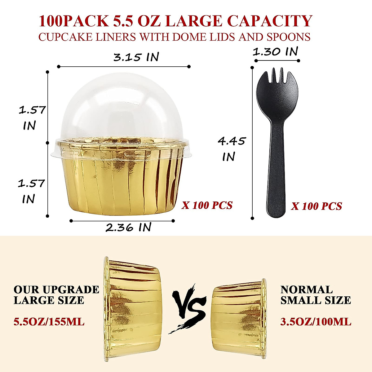 Cupcake Muffin Liners With Lids 100 Pack,LNYZQUS 5.5 Oz Large Foil Baking Cups Muffin Tins,Disposable Ramekins Cupcake Cups Cupcake Wrappers Holders For Wedding Valentine,with Spoons-Gold