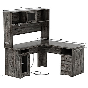 Unikito Office Desk with Drawers and Hutch, Large L Shaped Computer Desk with Power Outlet and LED Lights, 60 Inch Modern Corner Desk with File Cabinets, Sturdy 2 Person Home Office Table, Gray Oak