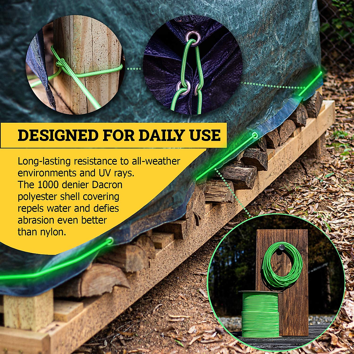 SGT KNOTS Marine Grade Bungee Cord - 100% Elastic Cord, Dacron Polyester Bungee Shock Cord for DIY, Tie Downs, Commercial Uses | 1/4" x 25 ft, Black