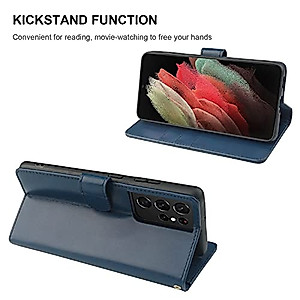 ONETOP for Samsung Galaxy S21 Ultra Wallet Case with Card Holder, Genuine Leather RFID Blocking Kickstand Wireless Charging Compatible, Long Magnetic Clasp Folio Cover with Wrist Strap 6.8 Inch Blue