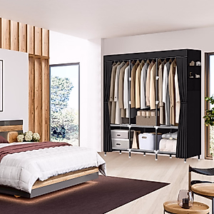 LOKEME Wardrobe Closet,Portable Closet for Bedroom Steel Pipe Diameter 19mm Strong and Sturdy Black Portable Closets for Hanging Clothes with 3 Hanging rods, 6 Storage Shelves and Side Pockets