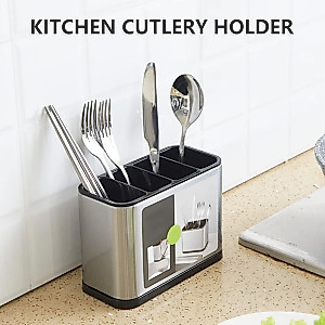 Keyohome Kitchen Cutlery Holder Stainless Steel Large Capacity Utensil Holder with Divider Weighted Base for No Tipping for All Kitchens Countertop or Table,18x13x8.6cm