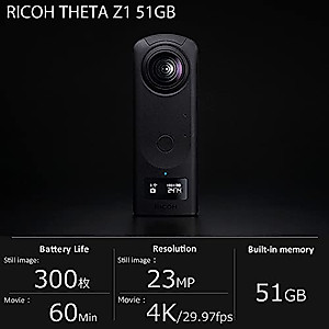 RICOH THETA Z1 51GB Black 360° camera, two 1.0-inch back-illuminated CMOS sensors, increased 51GB internal memory, 23MP images, 4K video with image stabilization, HDR, High-speed wireless transfer