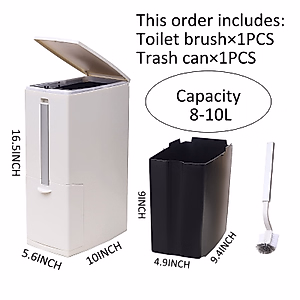 Cq acrylic Slim Plastic Trash Can 1.3 Gallon, Trash can with Toilet Brush Holder, 5 Liter Garbage Can with Press Top Lid, White Rectangular Modern Waste Can for Bathroom