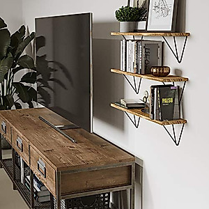 Wallniture Colmar Floating Shelves for Wall, 24 Inch Geometric Triangle Shelf Set of 3 for Living Room Décor Burned Storage Shelves with Black Shelf Brackets