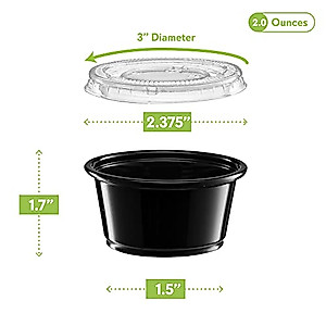 {2 oz - 100 Sets} Black Diposable Plastic Portion Cups With Lids, Small Mini Containers For Portion Controll, Jello Shots, Meal Prep, Sauce Cups, Slime, Condiments, Medicine, Dressings, Crafts, Disposable Souffle Cups & Much more