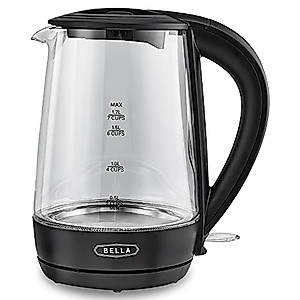 BELLA 1.7 Liter Glass Electric Kettle, Quickly Boil 7 Cups of Water in 6-7 Minutes, Soft Blue LED Lights Illuminate While Boiling, Cordless Portable Heater, Carefree Auto Shut-Off, Black