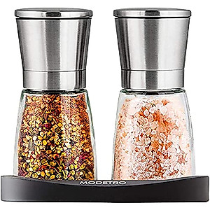 Modetro Salt and Pepper Shakers Set 6 oz Each Adjustable Coarseness Pepper Grinder Mill for Sea Salt Spice Stainless Steel Glass 2 Pack