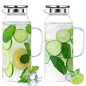 2 Pcs Glass Pitcher Water Pitcher with Lid Hot Cold Water Pitcher Bedside Water Carafe with Handle Heat Resistant Borosilicate Glass Jug for Fridge Beverage Carafe (68 oz,Stainless Steel)