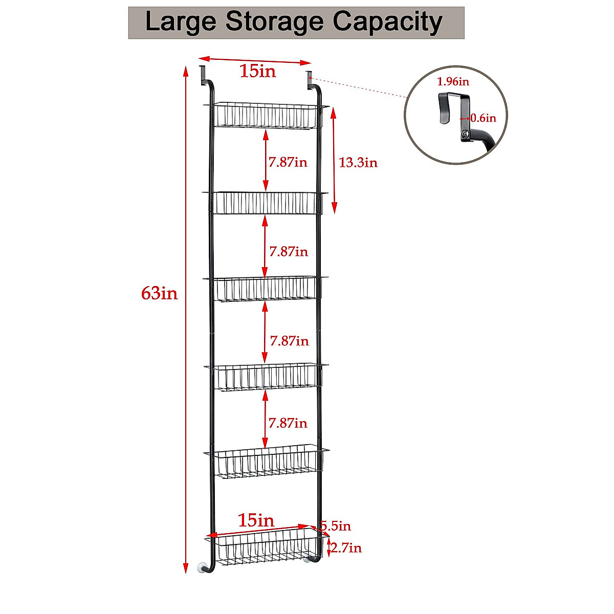 6-Tier Over the Door Pantry Organizer Rack, Hanging Storage Metal Rack with 6 Baskets, Door Organization Kitchen Spice Rack, for Kitchen Bathroom Bedroom(Black)