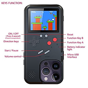 Gameboy Phone Case for iPhone 14 with Tempered Glass Phone Screen Protector,Playable 36 Retro Classic Games, Handheld Video Game Console iPhone Case(for iPhone 14(6.1'), Black)