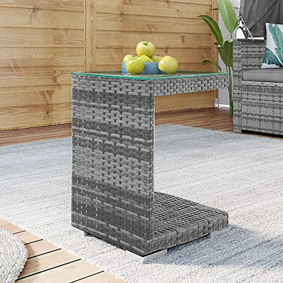 EMKK 5 Pieces Outdoor Patio Sofa Set Rattan Daybed,Sectional PE Wicker Conversation Furniture w/Canopy and Tempered Glass Side Table, C-Gray