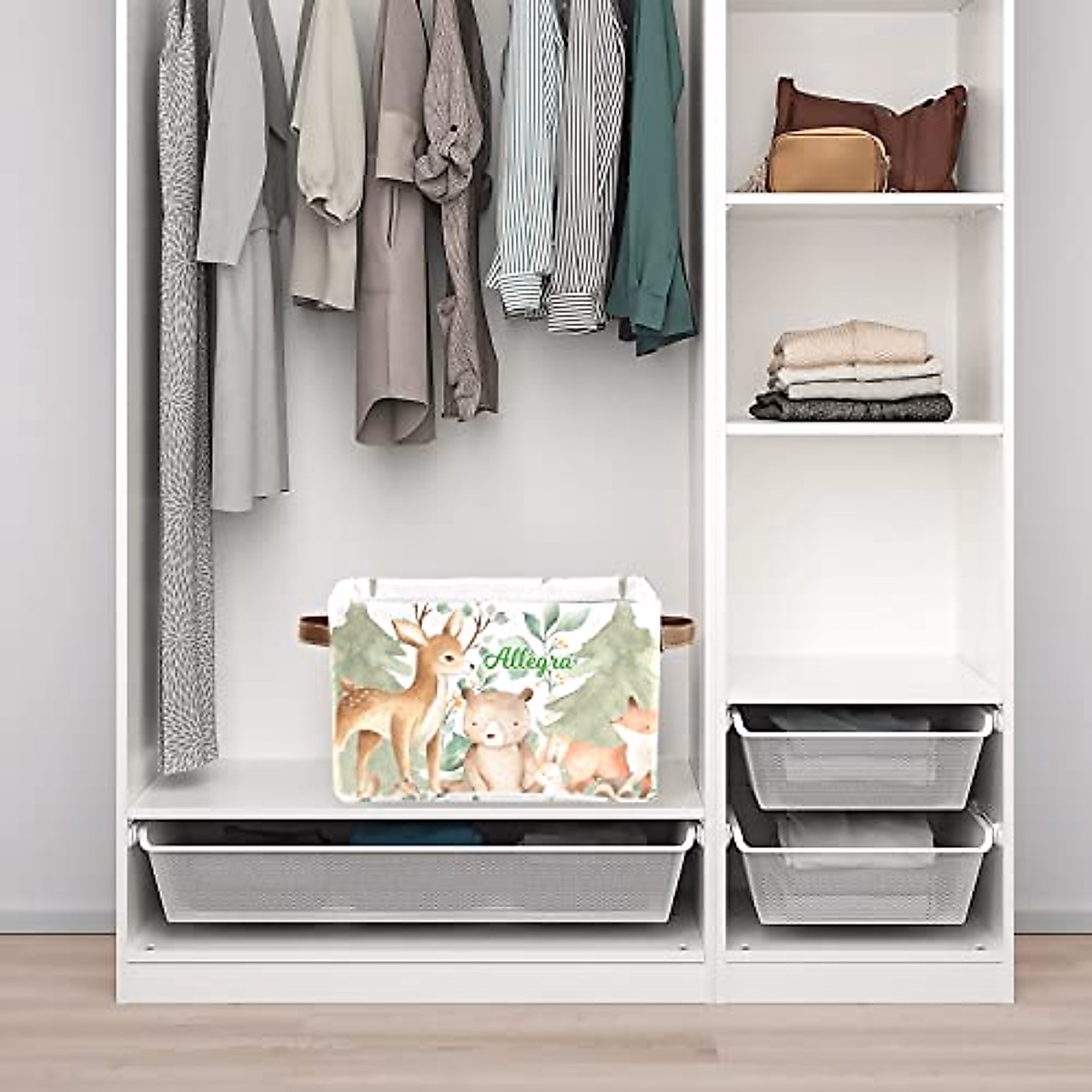 Cute Woodland Animals Personalized Storage Bins Basket Cubic Organizer with Durable Handle for Shelves Wardrobe Nursery Toy 1 Pack