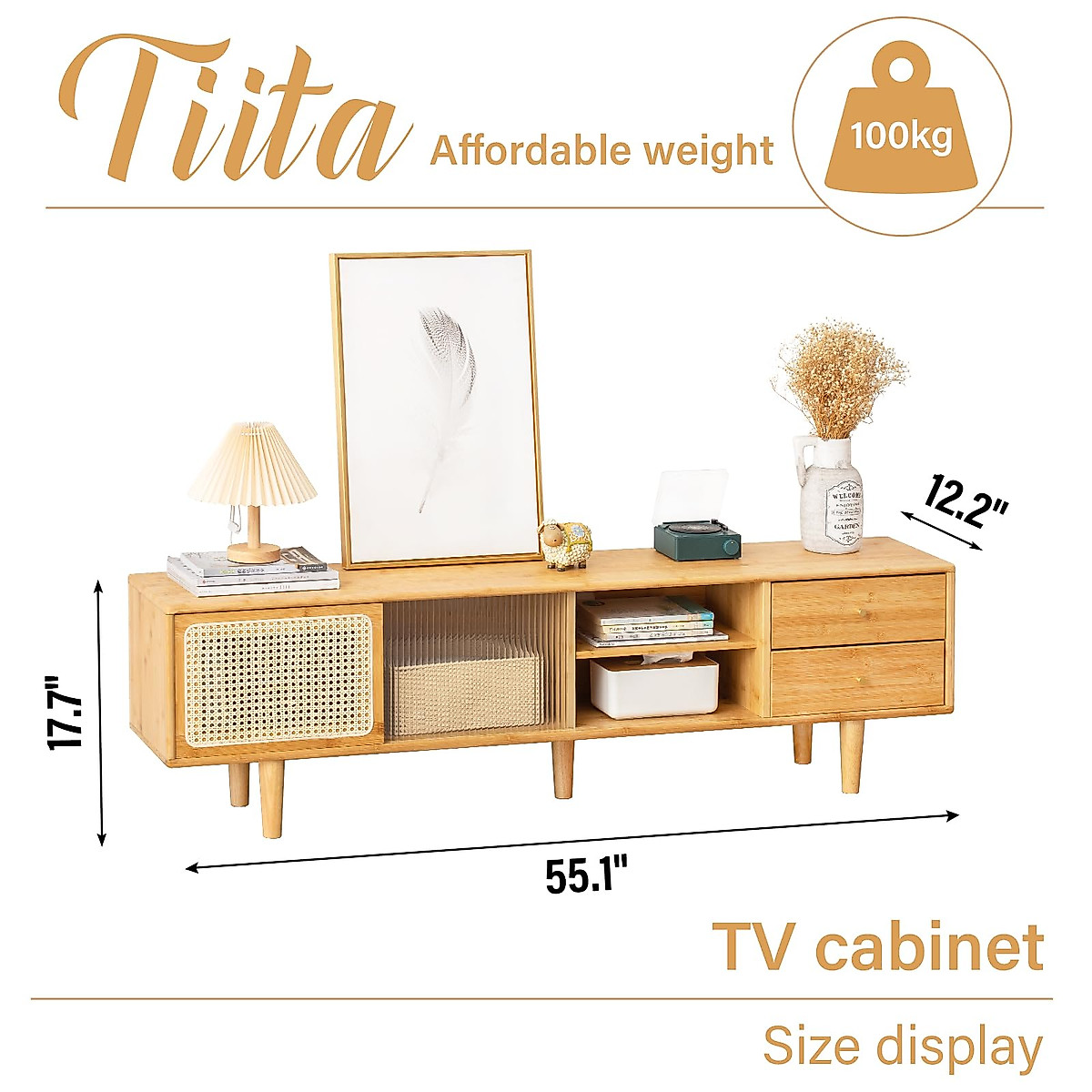 Tiita Rattan TV Stand for 55 60 Inch TV, Bamboo TV Cabinet with 2 Drawers, Boho Entertainment Center with Adjustable Shelf, Mid Century Modern Media Console for Bedroom, Living Room, Study