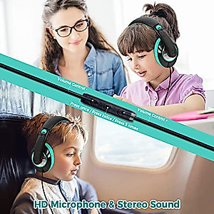 rockpapa Comfort+ Kids Headphones with Microphone, Boys Girls Student Over-Ear Headphones Wired for School Classroom Laptop PC Computer Tablet Black Teal