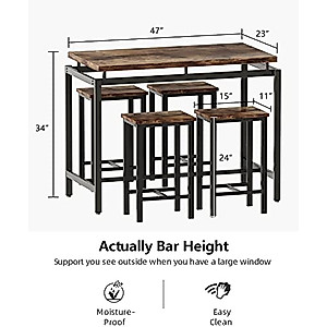 tantohom Dining Table Set for 4, Space Saving Kitchen Table and Chairs for 4, Industrial Counter Height Table with 4 Stools, 5 Pcs Bar Table and Chairs Set, for Pub, Living Room, Breakfast Nook, Brown