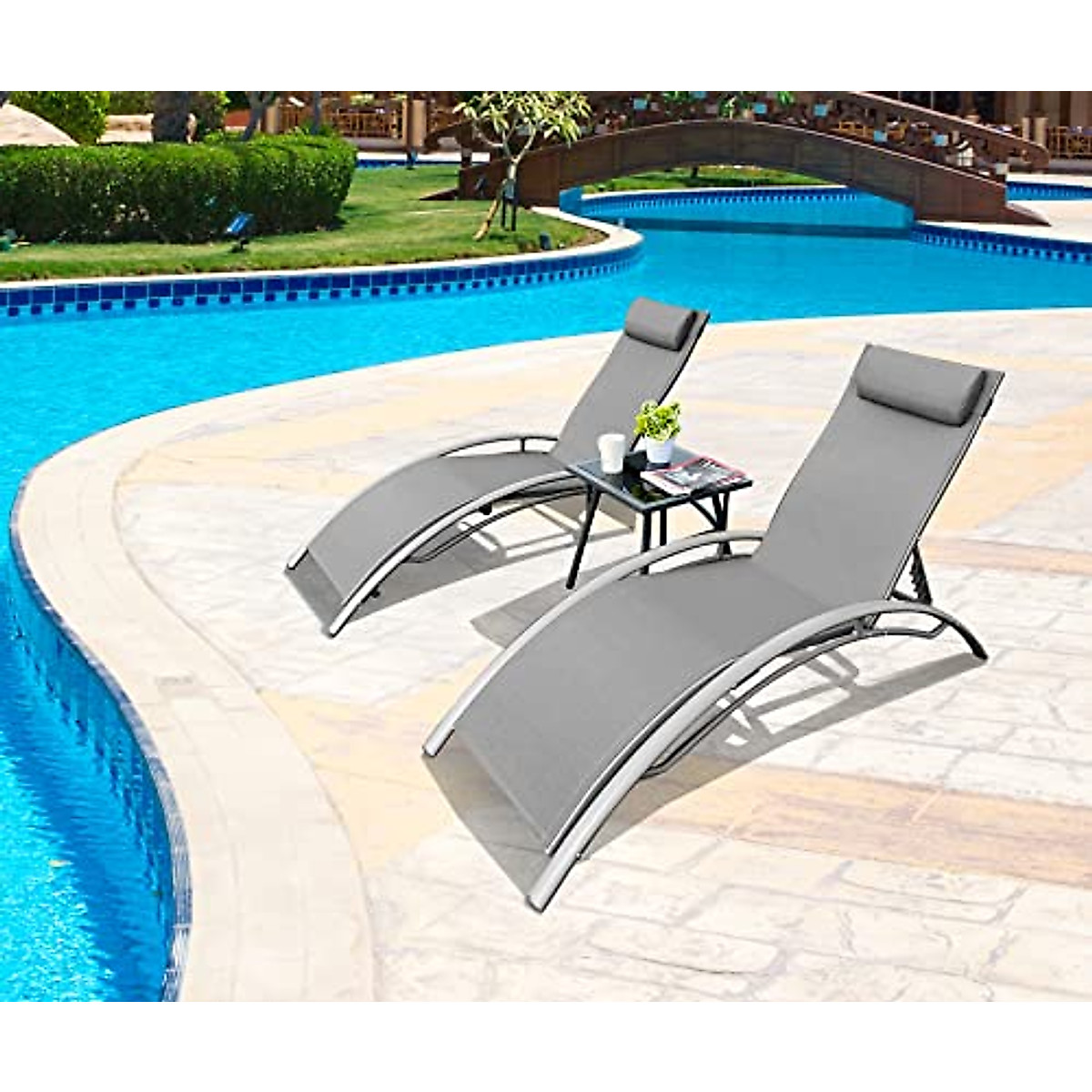 Tappio 2Pcs Chaise Lounge Chair Set, Patio Lounge Chairs for Outside Pool, Patio Chair with Adjustable Backrest for Outside in Swimming Pool, Beach Chaise Lounge Outdoor Recliner with Arm, Grey