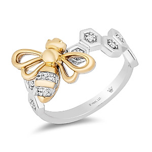 Jewelili Hallmark Fine Jewelry Sterling Silver and 14K Yellow Gold 1/10 Cttw Natural Round White Diamonds Honeybee Ring, Size 6