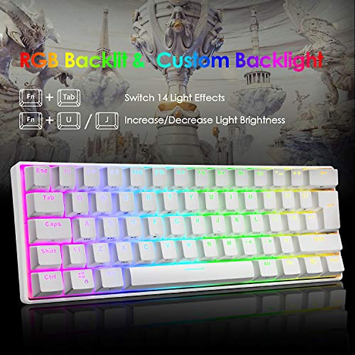 UK Layout 60% True Mechanical Gaming Keyboard Type C Wired 61 Keys LED Backlit USB Waterproof Keyboard 14 Chroma RGB Backlight Full Anti-ghosting Keys for Computer/PC/Laptop/MAC (White/Blue Switch)