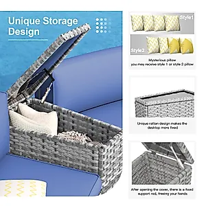 VONZOY Patio Sectional Furniture Outdoor 7-Piece Grey Rattan Curved Sofa Set with Storage Table,Pillows,Fit for Pool Backyard Balcony Porch Lawn(Navy)
