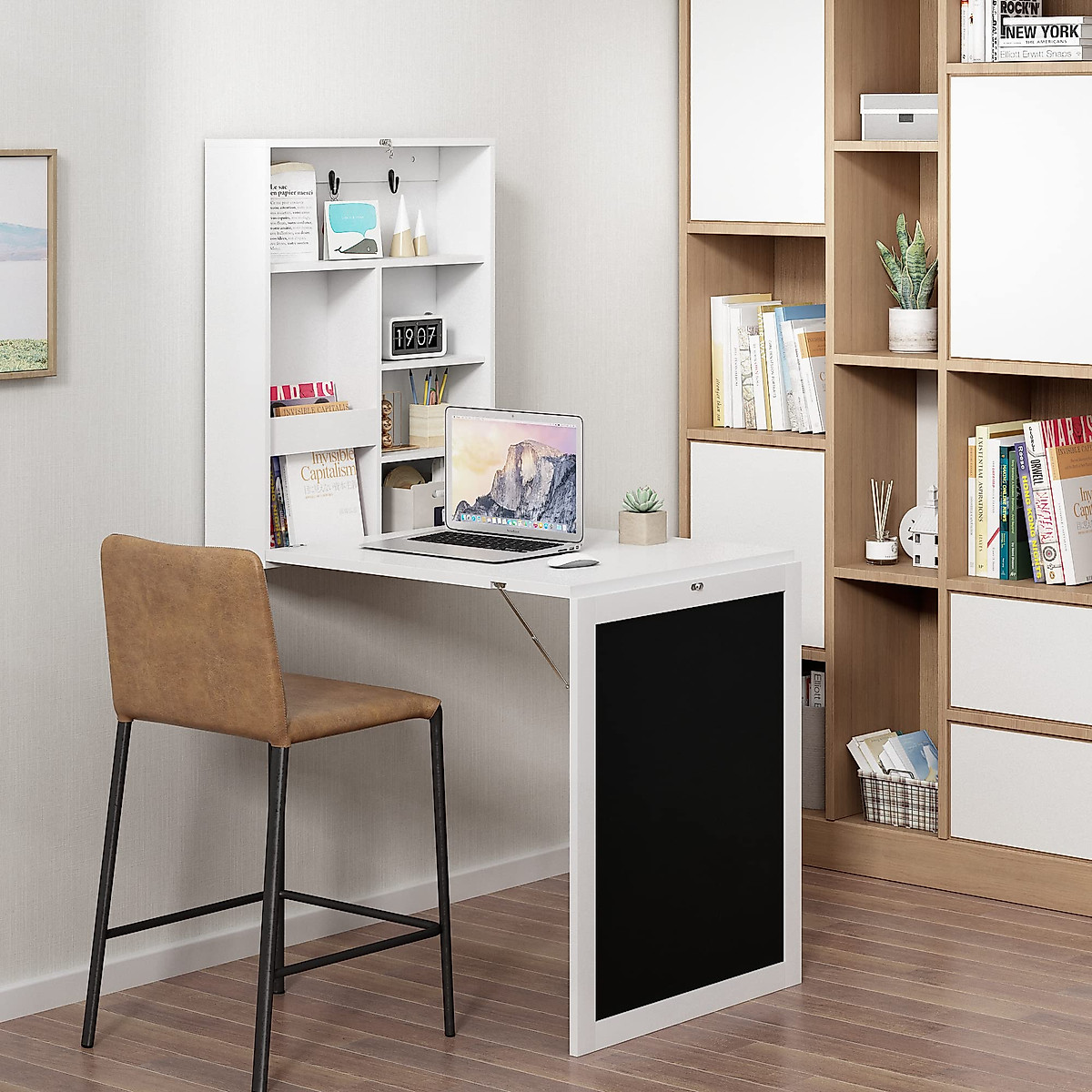 JAXPETY Wall Mounted Space Saving Folding Desk Fold Out Computer Laptop Desk with Storage Bookcase & Chalkboard Convertible Writing Desk for Home Office, White + Black