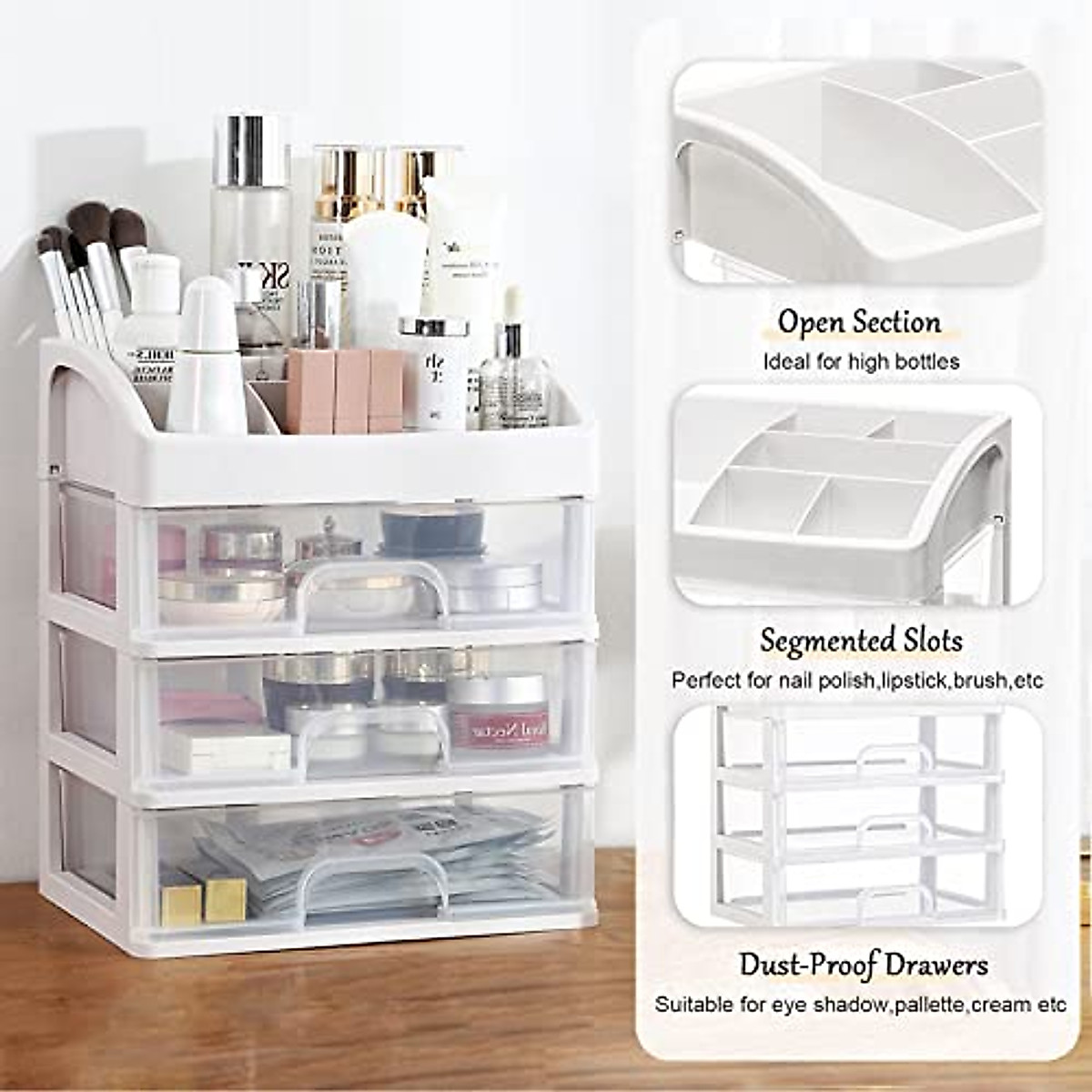 Makeup Organizer for Vanity, Skincare Organizers with 3 Drawers, Cosmetics Organizer for Skin Care, Eyeshadow, Brushes, Lipstick, Powders, Nail Polish.Great for Dresser, Bedroom, Bathroom (White)