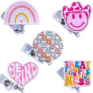 5 PC Cute Nurse Badge Reel Retractable Name Tag ID Clip Holder Retro Pink Cowboy Smiley Face Be Kind Heart Rainbow for Nurses Nursing Student RN Pediatric Teacher Funny Office Work Accessories