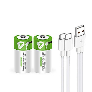 Rechargeable D Batteries 1.5V 12000mWh USB Lithium ion Rechargeable D Battery with USB Type C Charging Cable, High Capacity Fast Charge, 1200 Cycles Constant Output, Over-Charge Protection,2-Pack