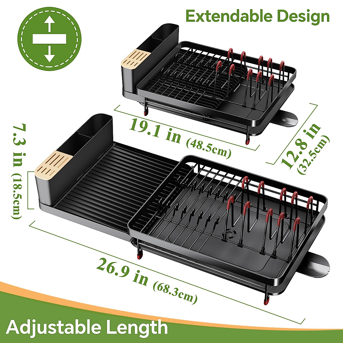 Dish Drying Rack, Auto-Drain Expandable(19.1"-26.9") Kitchen Counter Dish Drainers Rack, Stainless Steel Large Strainers Drying Rack with Drainboard Pan Holder Utensil Holder Caddy Organizer, Black