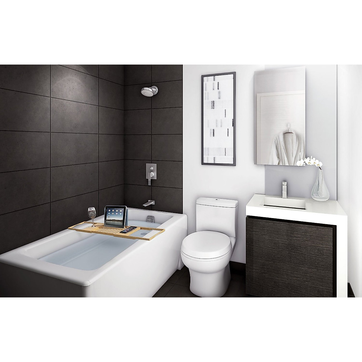 Bamboo Bathtub Tray - Wood Bath Caddy with Book, Phone, or Tablet Rest, Cup Holder, and Extended Sides for Bath Accessories by Home-Complete (Natural)