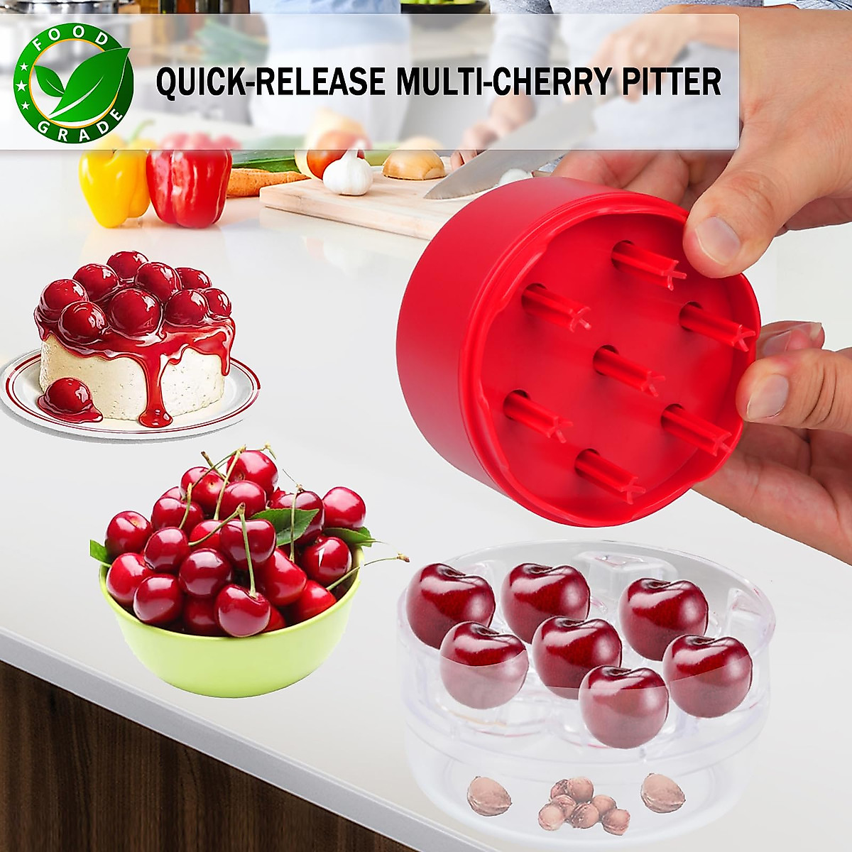 Cherry Pitter, 7-in-1 Cherry Pitter Tool Pit Remover, Heavy-Duty Metal Cherry Seed Remover, 7 Holes Cherry Stoner Pitter Quick Release, Multiple Cherry Pit Remover for Kids/Cherries Jam