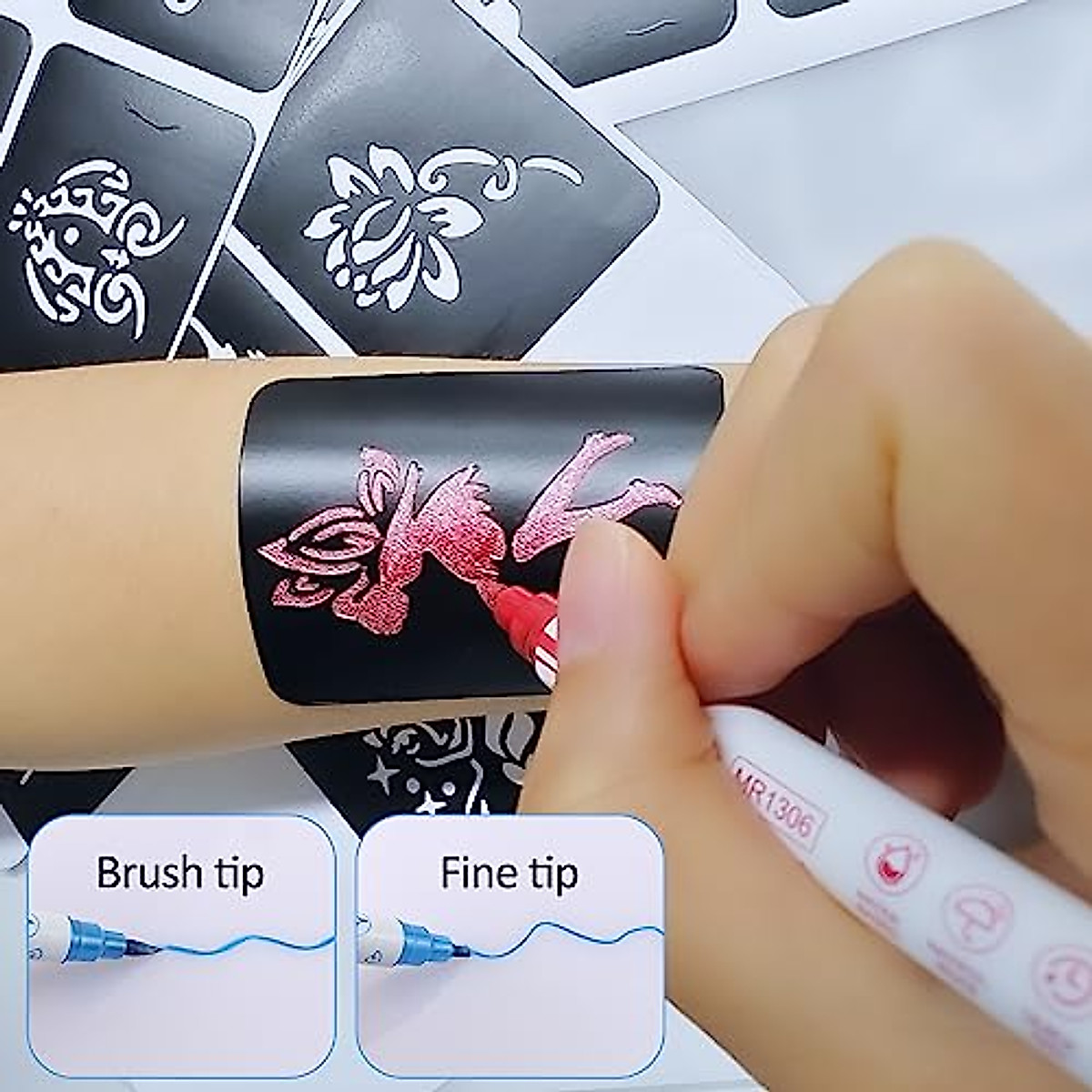 Ponhey Temporary Tattoo Markers, 10 Body Markers + 67 Large Tattoo Stencils for Kids and Adults, Skin-safe and Coloured Ink Double-ended Tattoo Pens Make Bold and Fine Lines for Body and Facial Art
