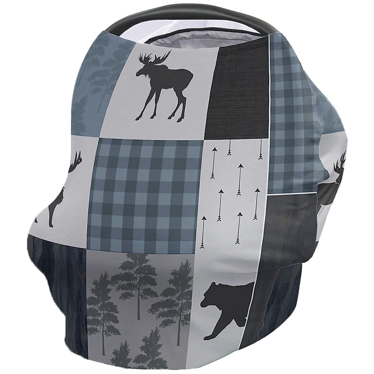 Car Seat Canopy Nursy Cover, Retro Countryside Bear Moose Woods Multi Use Breastfeeding Scarf for Infant Carseat Canopy, Stroller, Shopping Cart, Highchair Grey Blue Plaid