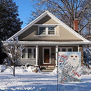 Furiaz Hello Winter Owl Red Berries Small Garden Flag, Snow House Yard Lawn Decorative Flag Tree Branches Home Outside Decoration, Christmas Snowflake Farmhouse Burlap Outdoor Decor Double Sided 12x18