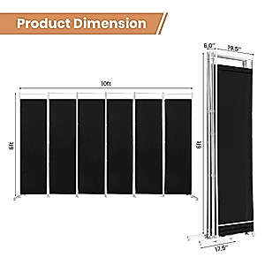 Nightcore 6 Ft Room Divider, 6 Panel Folding Wall Divider, Freestanding Partition with Adjustable Foot Pads, Perfect Privacy Screen for Home Office (Black)