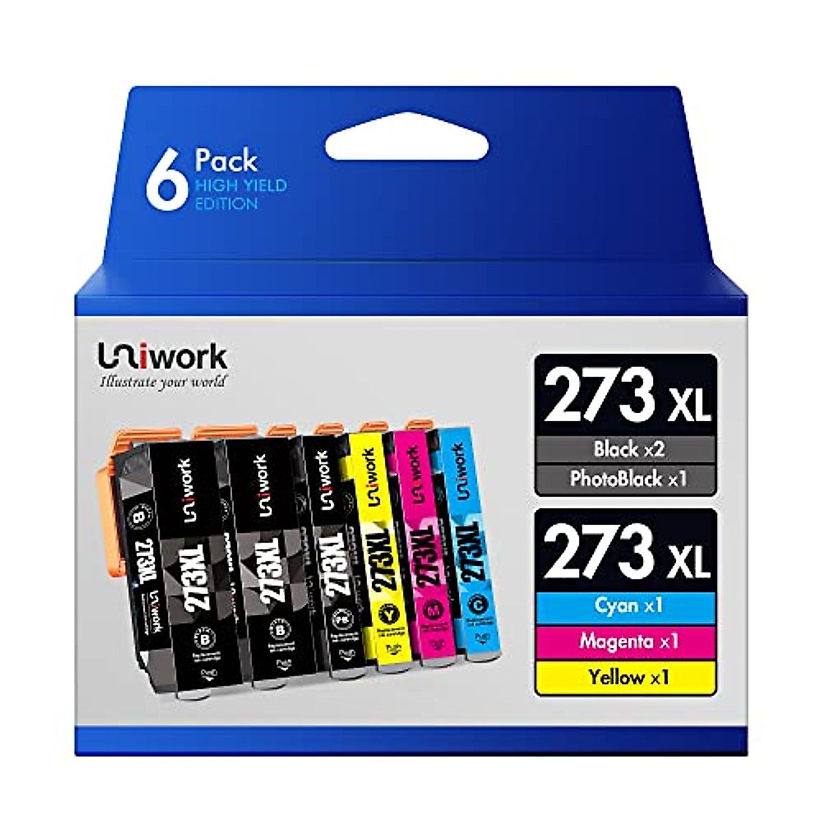 Uniwork Remanufactured Ink Cartridge Replacement for Epson 273 XL 273XL T273XL use for XP820 XP810 XP800 XP620 XP610 XP600 XP520 Printer Tray (2 Black, 1 Photo Black, 1 Cyan, 1 Magenta, 1 Yellow)